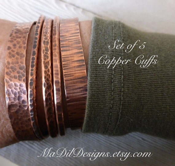 Items similar to Set of 5 Copper Cuff Bracelets Hand Formed Wire and ...
