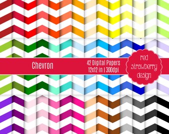 Aqua Blue and Red Geometric Digital Papers. Chevron Checks