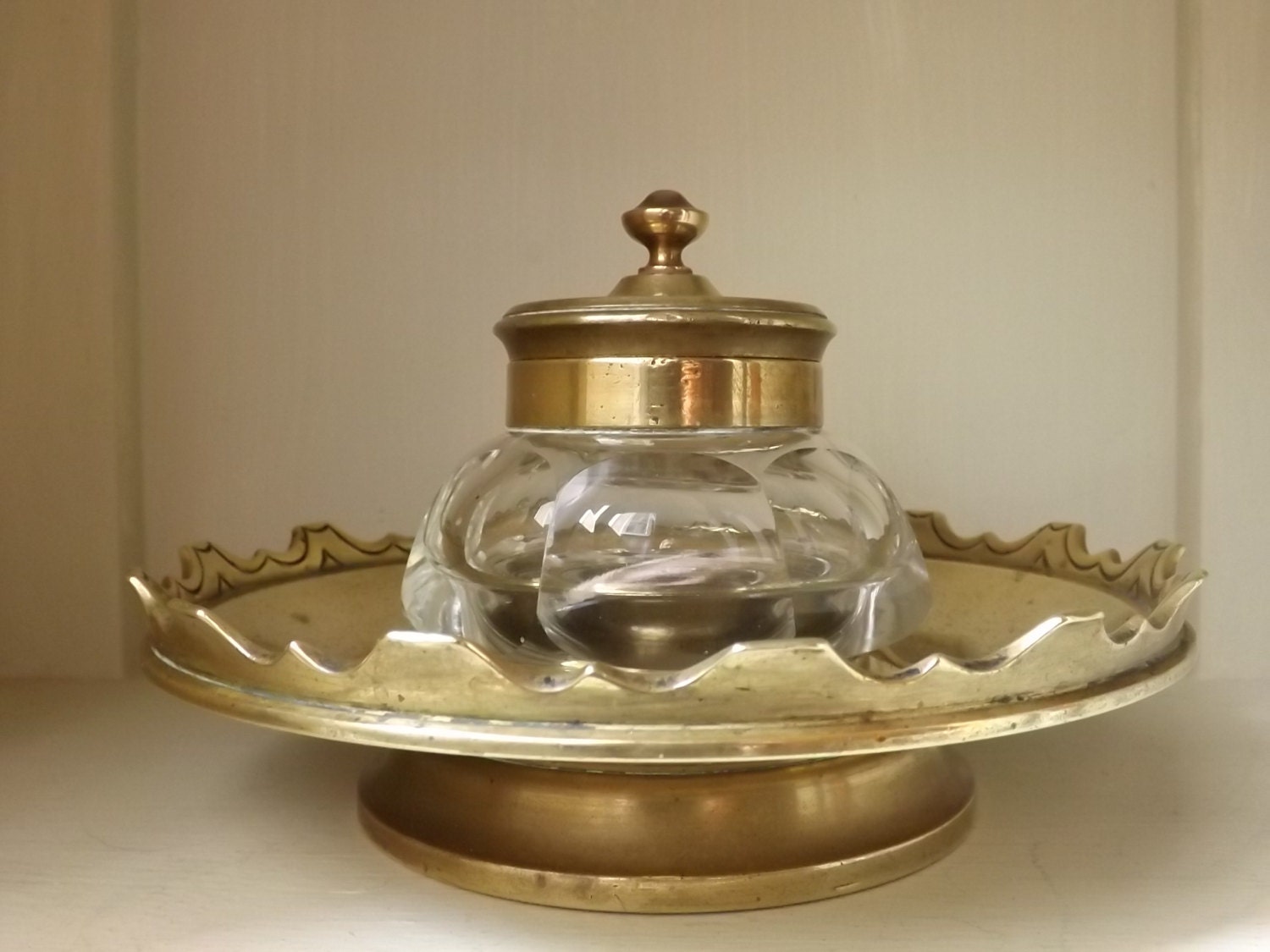Antique Victorian inkwell heavy brass and crystal vintage inkstand ...