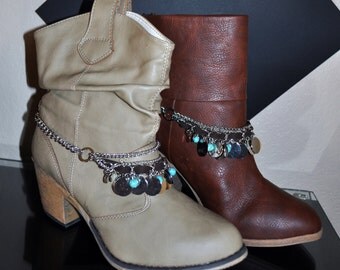 ACCENT YOUR BOOTS! Silver disks, chains with brown leather ribboned ...