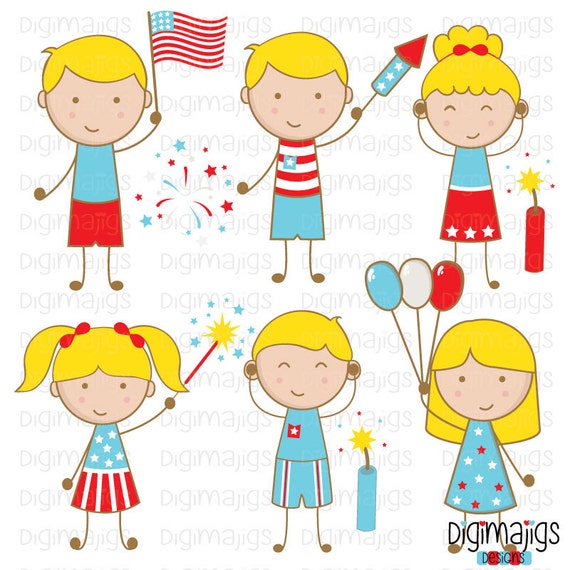 Cute 4th of July Stick Figure Kids Independence Day Clipart