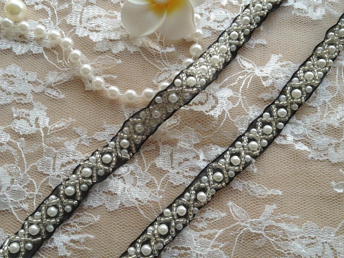 Beaded Ribbon Trim Ivory Pearl and Silver Beads Lace Trim on