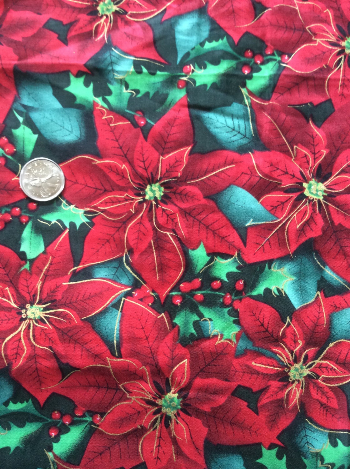 RTC fabrics Christmas Poinsettia holly and red berries & gold