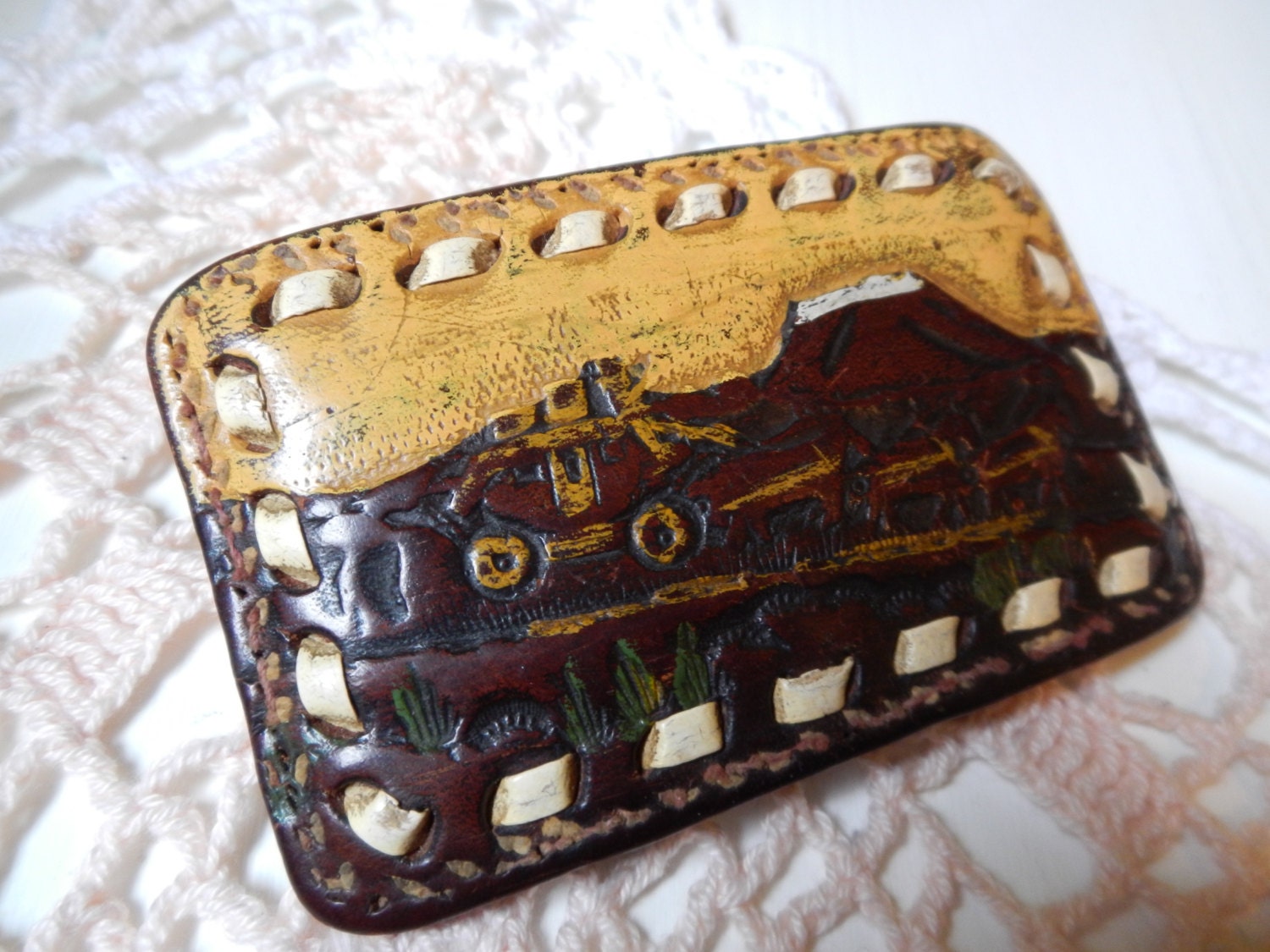 Painted Tooled Leather Vintage Western Belt Buckle, Desert Scene with ...