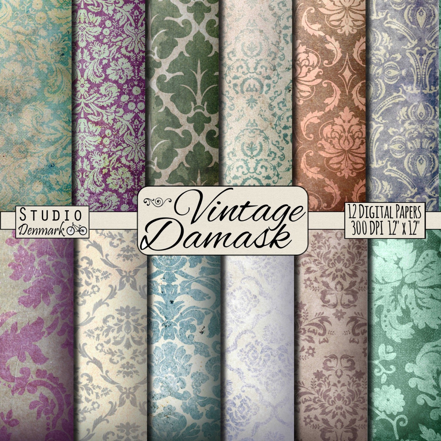 Damask Digital Paper – Grunge Vintage Wallpaper – Pastel Colors – 12 ...