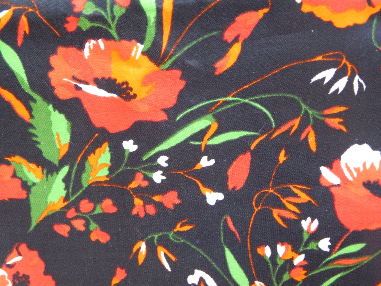 Black Cotton Fabric with Red Poppy Vintage Russian Printed Cotton ...