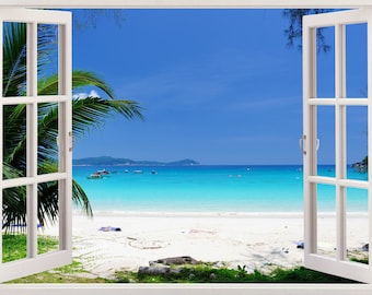 Beach wall decal 3D window tropical beach wall art palm tree