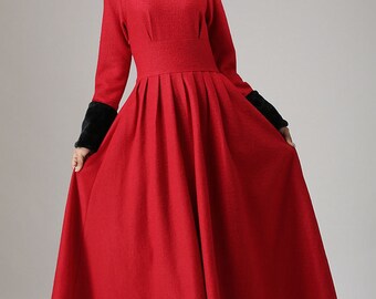 Red dress wool dress maxi winter dress (737)