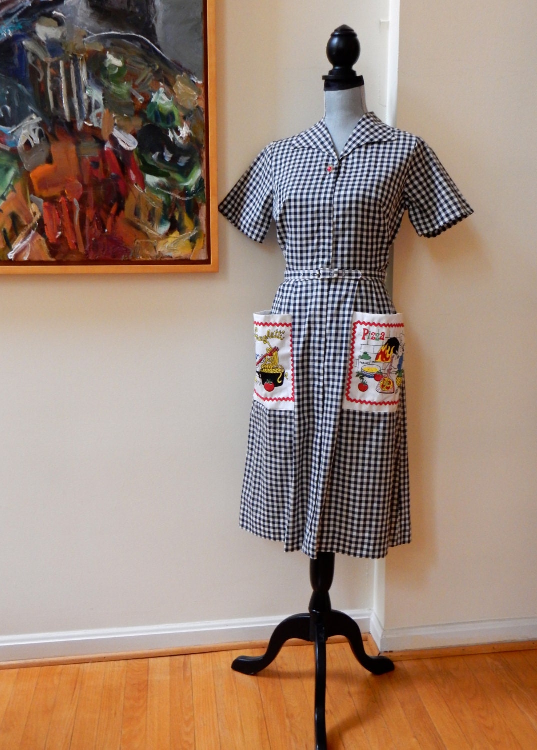 1950s Retro Hostess Waitress Dress Kitschy Black White Gingham Ric Rac ...