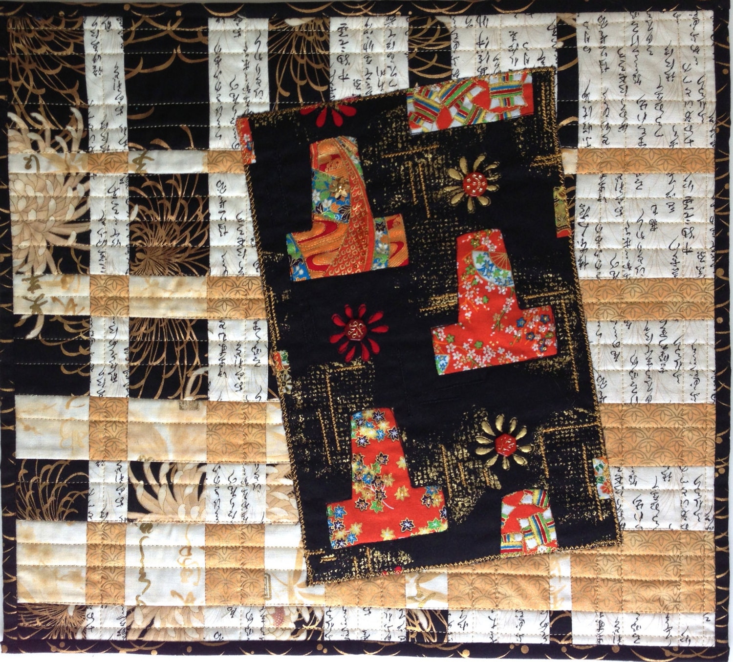Small Quilt Asian Inspired Art Kimono Quilt Fiber Art