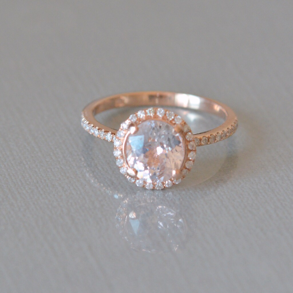 1.59 carat peach champagne sapphire Rose gold diamonds halo