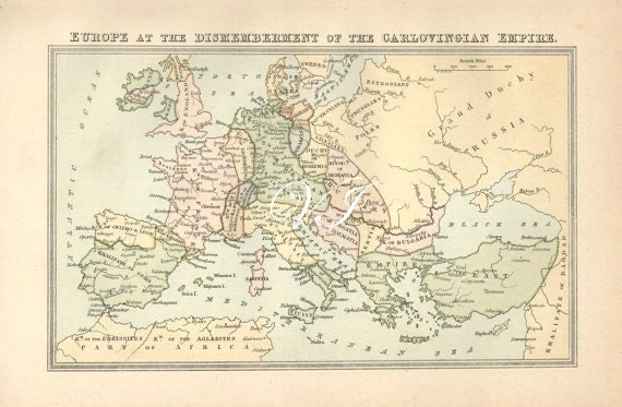 Antique 1890 EUROPE MAP End of Carlovingian Empire atlas chart