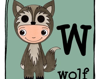 Children's Alphabet costume character W is for Wolf illustration print.