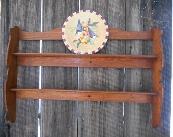 Vintage Solid Oak Wooden Plate Rack Display Shelf