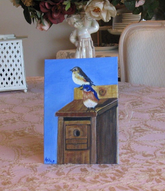 Eastern Bluebirds and Birdhouse Acrylic Painting by vintageanita Eastern Bluebirds and Birdhouse Acrylic Painting by vintageanita
