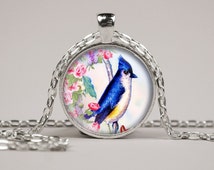 Blue Jay Bird Pendant Necklace Glass Jewelry Charm Animal Gifts for Her ...