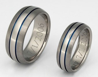 Titanium Wedding Band Set Thin Blue Line Rings His and