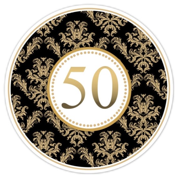 50th Anniversary Stickers Gold and Black Damask Anniversary