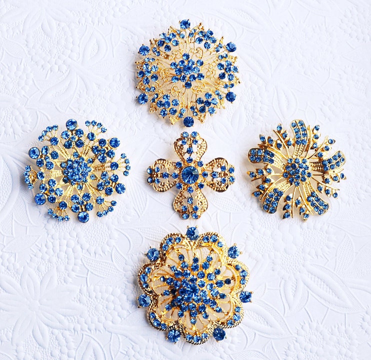 5 Rhinestone Brooch X LARGE Gold Crystal Brooch Light Blue