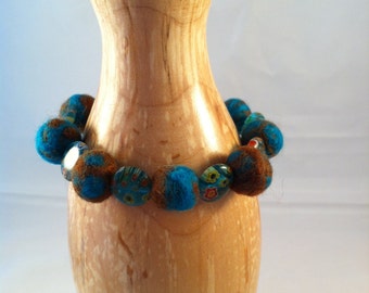 Blue and Orange Felted Wool Bead Brooch on by WoolyBearBeads