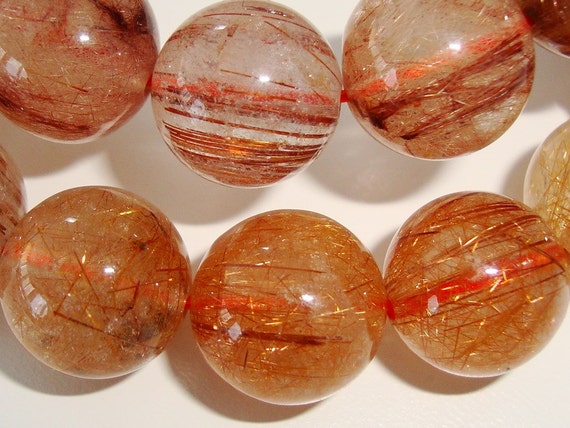 Genuine Red Rutilated Quartz Smooth Round beads, 14mm - 2 beads