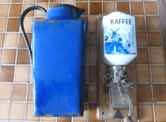Antique Delft Dutch Scene Coffee Grinder Blue and White Decor