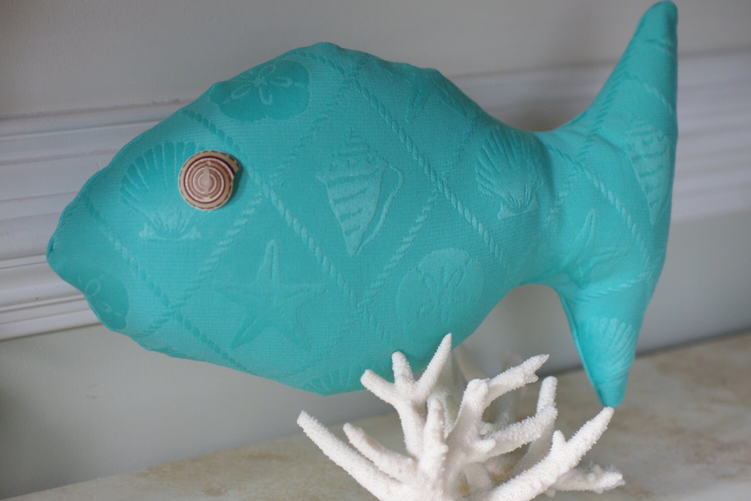 Beach Decor Turquoise Fish Shaped Pillow with Sundial Seashell