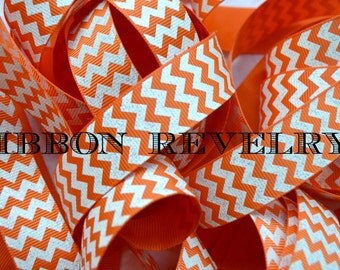 Harvest orange and white GLITTER chevron striped 7/8" grosgrain ribbon ...