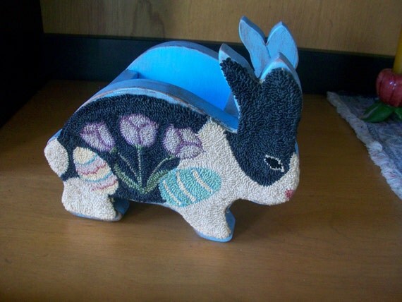 Easter Bunny Primitive Punch Needle on wooden Planter