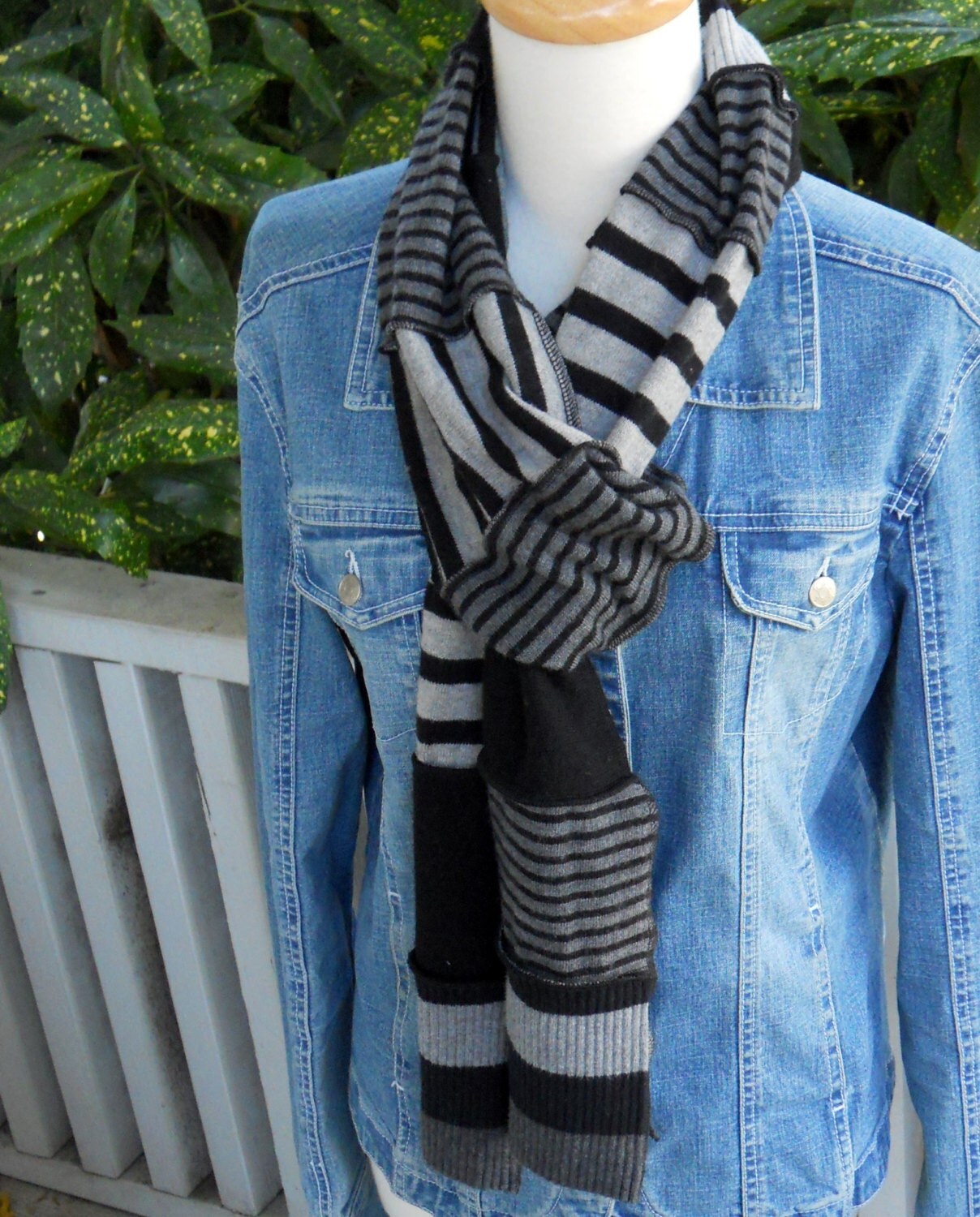 Recycled Sweater Scarf All Cotton Black Grey by ThankfulRose