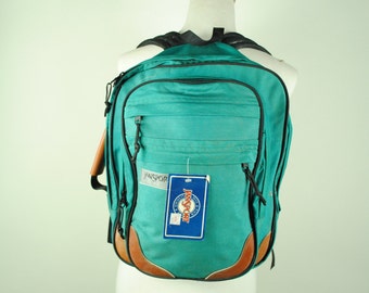 Awesome 90s DEADSTOCK Teal Canvas and Tan Leather JANSPORT Backpack.