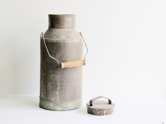 Antique Milk Pail with Lid Rustic Tin Container Vintage Milk
