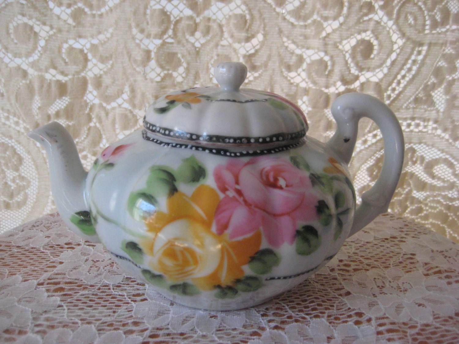 Handpainted teapot, pink yellow roses, floral teapot, shabby teapot ...