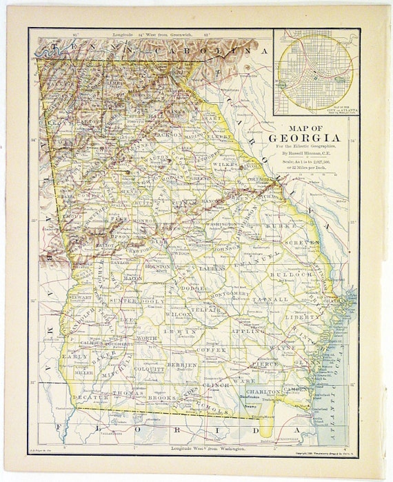 Original 1880 Color Atlas Map of The State Of Georgia by Van