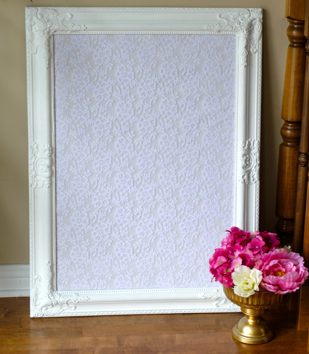 Intricate White Framed Corkboard Cork Board Lace Fabric