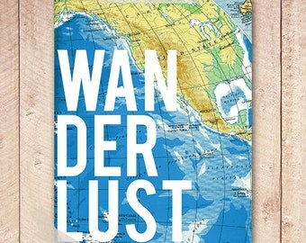 Wanderlust Art Print, Blue World Map Printable Art, 8x10 Digital File ...