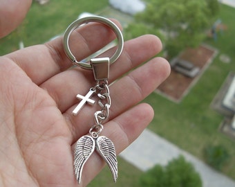 Angel Wing and cross keychain, angel Wing key chain,guardian angel ...