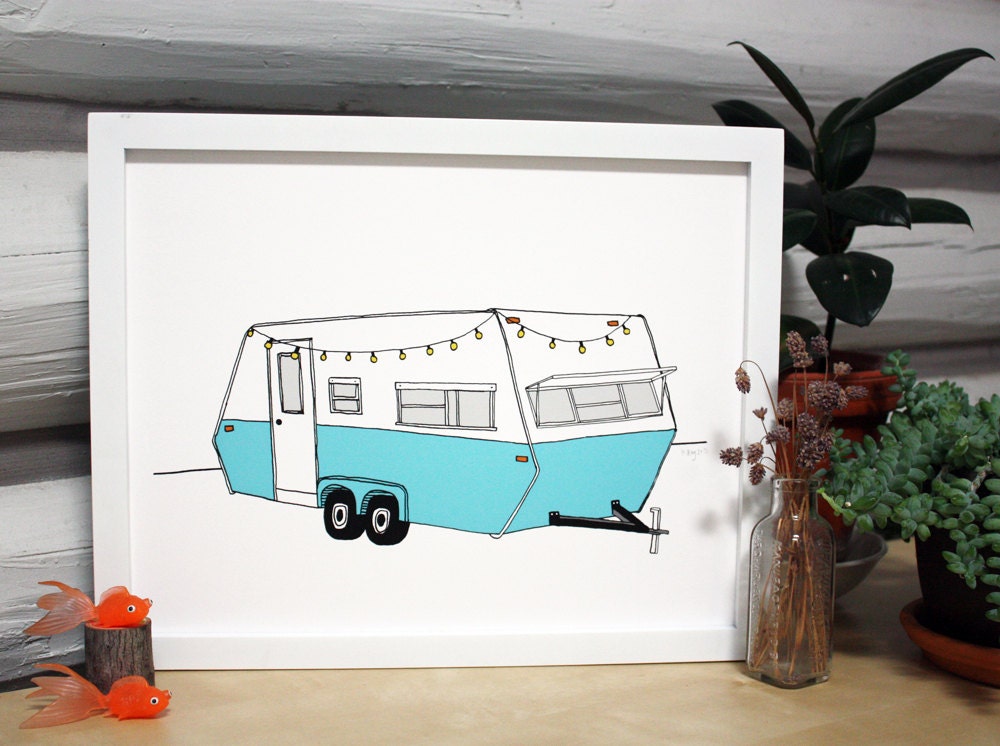 Vintage Camper art print. RV Trailer illustration