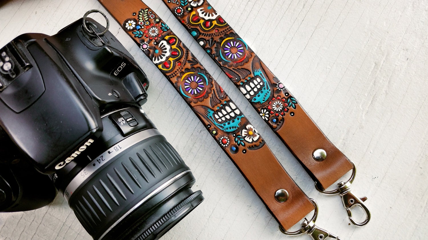 Custom Leather Camera Strap Sugar Skull Day of the Dead