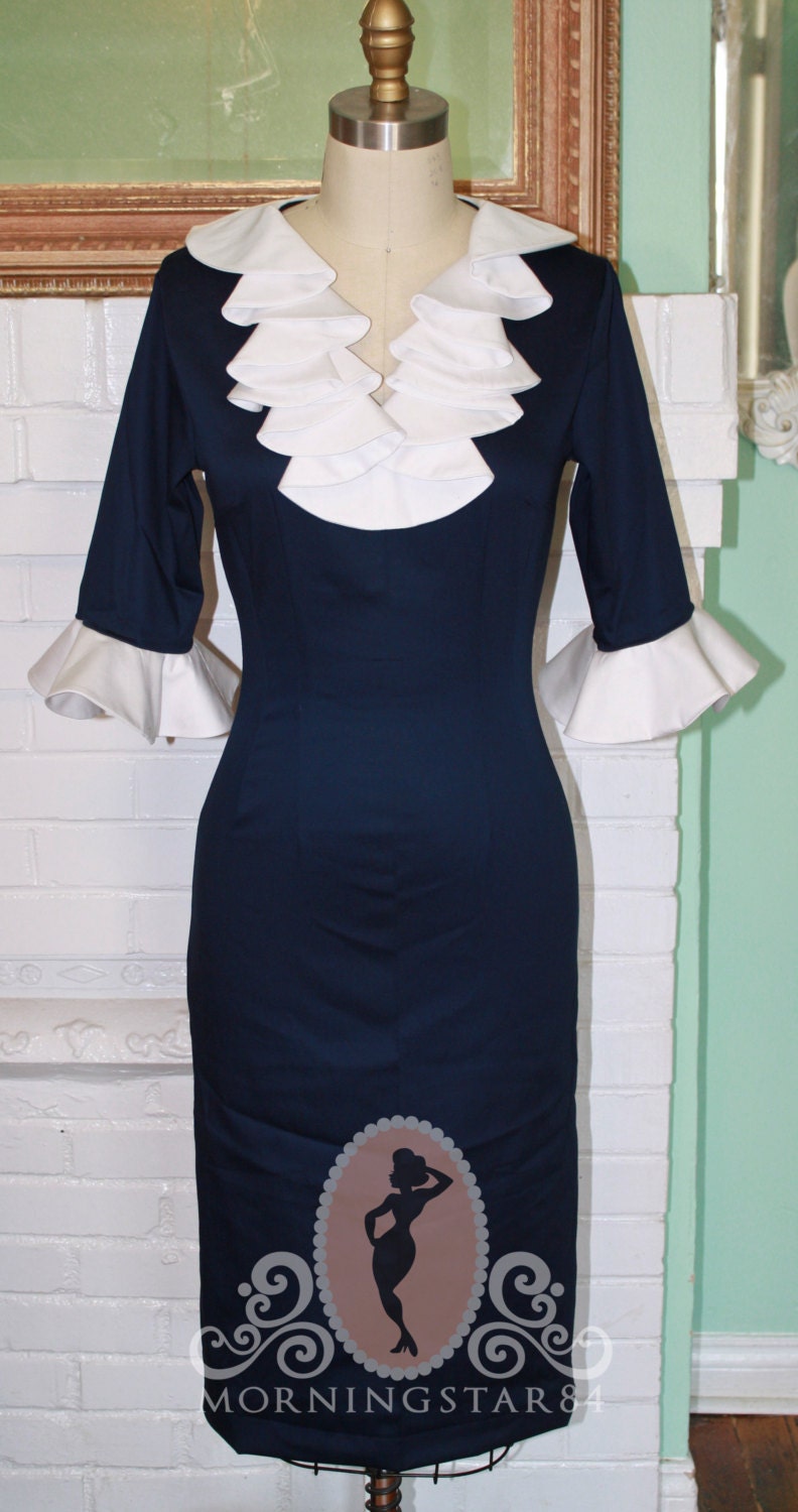 Sexy Secretary Wiggle Work Dress 1950s 1960s Style Navy