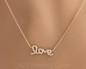 925 Sterling Silver LOVE Necklace with Diamond Accent 18k Gold Plated ...