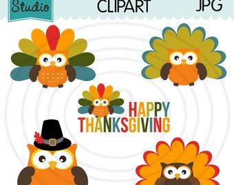 Multicolor Feathers Turkey Owl Clipart, Thanksgiving Owls Clipart ...