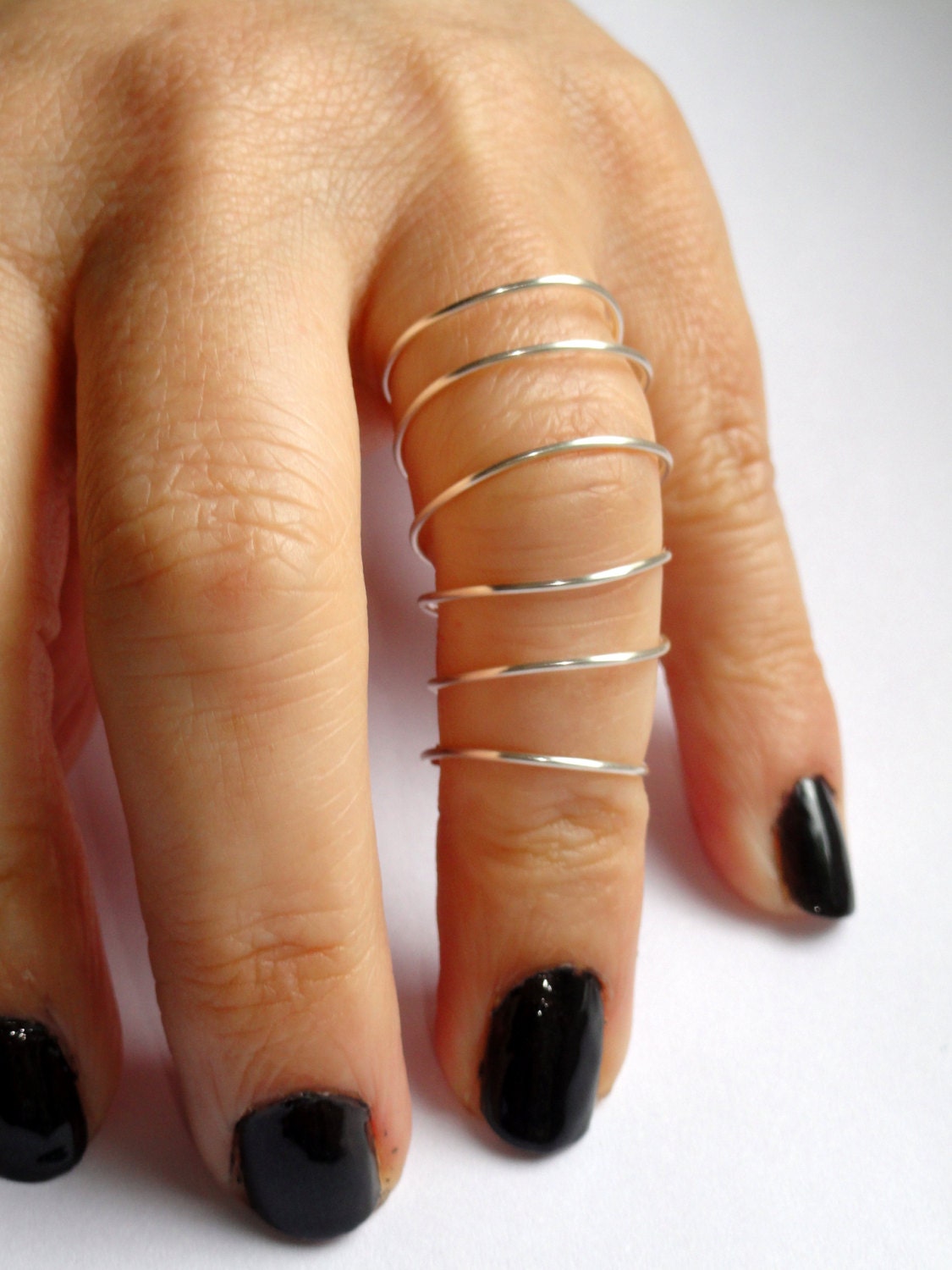 Silver wire full finger ring Long silver spiral wire ring