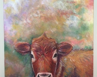 Red Cow Art Print Just Before Sunset Painting by Dottie