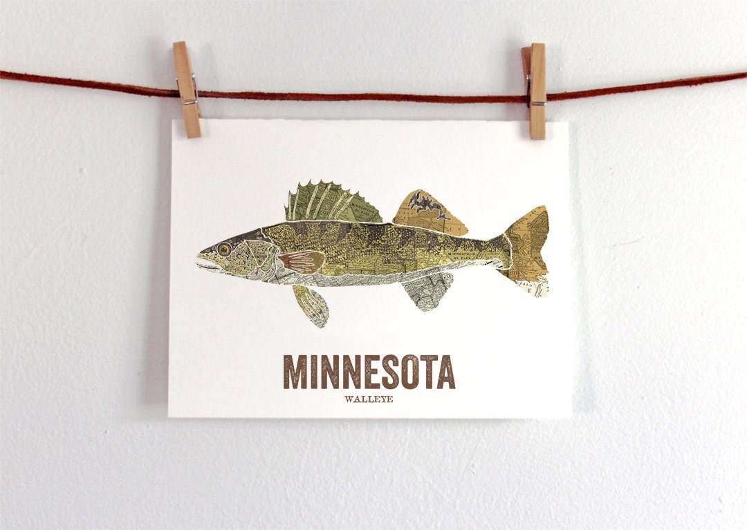 Minnesota State Fish Map art Nature Outdoor art by WoodenPencilCo