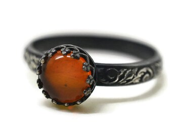 8mm Amber Ring, Oxidized Silver Ring, Black Floral Renaissance Ring ...