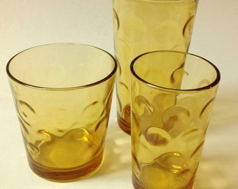 Vintage Amber Dimple Bubble Drinking Glasses, Set of 3 1970s Amber Glasses