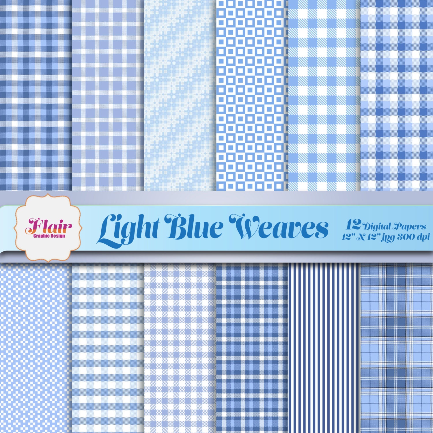 LIGHT BLUE WEAVES Digital Paper Gingham Plaid Stripes