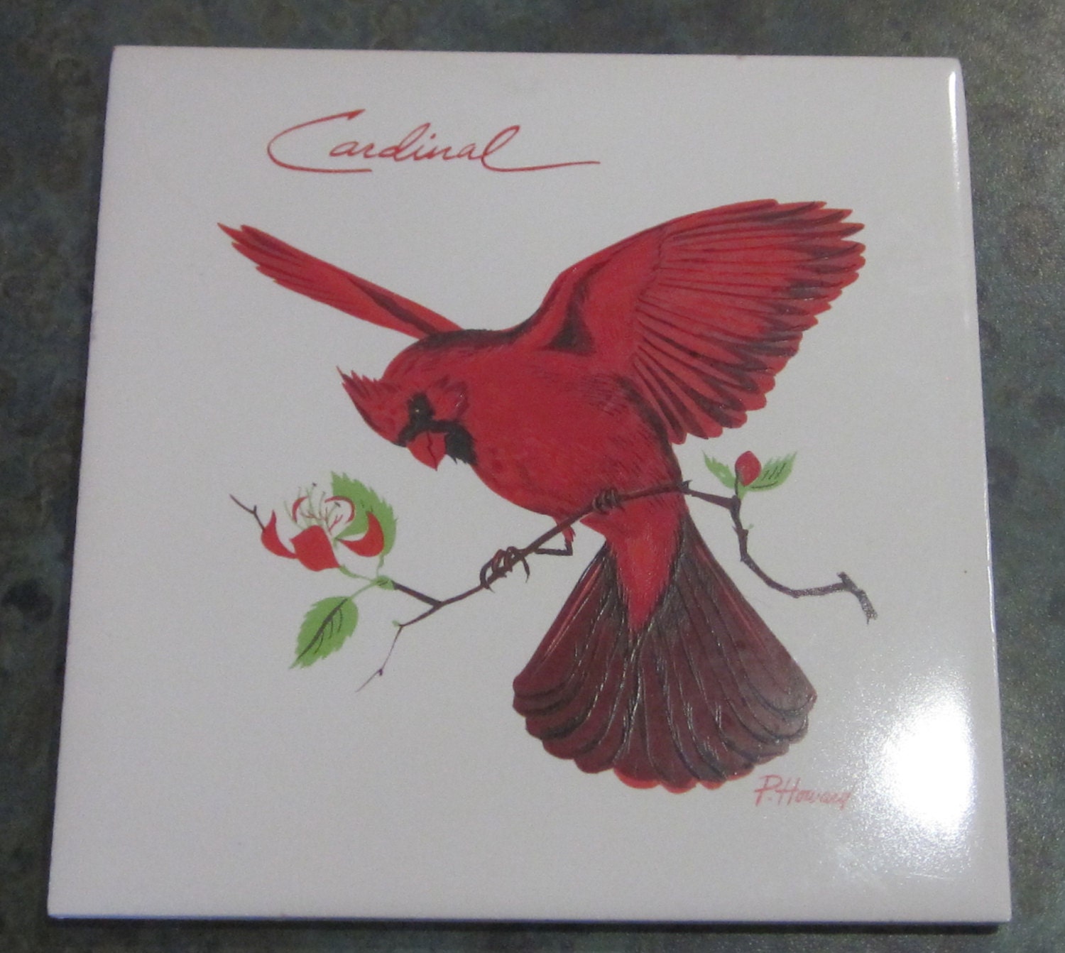 Vintage Hand Painted Red Bird / Cardinal Trivet Tile by P.