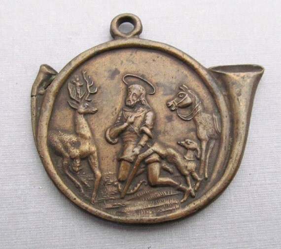 Antique Saint Hubert Religious Medal Holy Stag Catholic